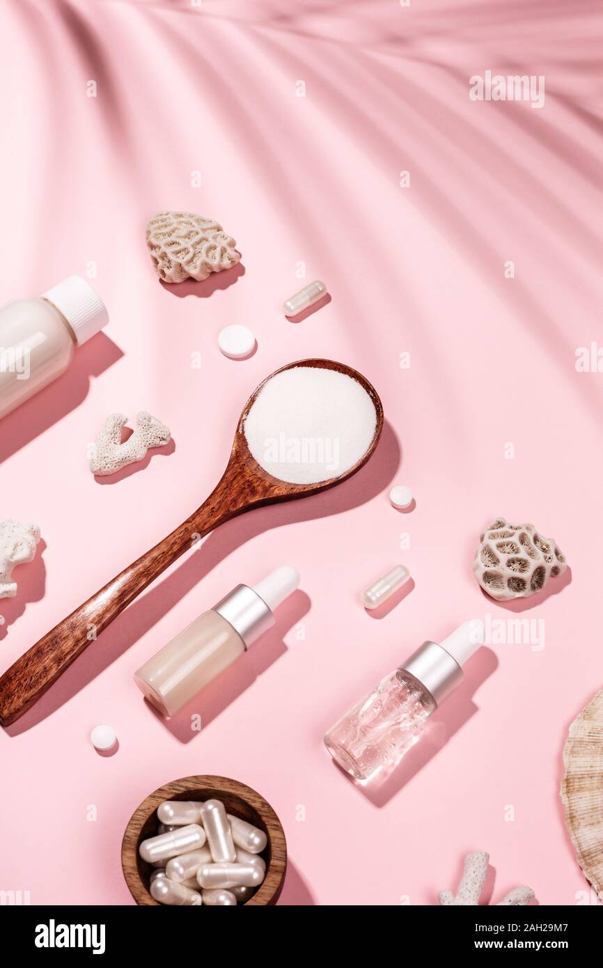 Different types of collagen. Powder, capsules, tablets and fluid Stock ...