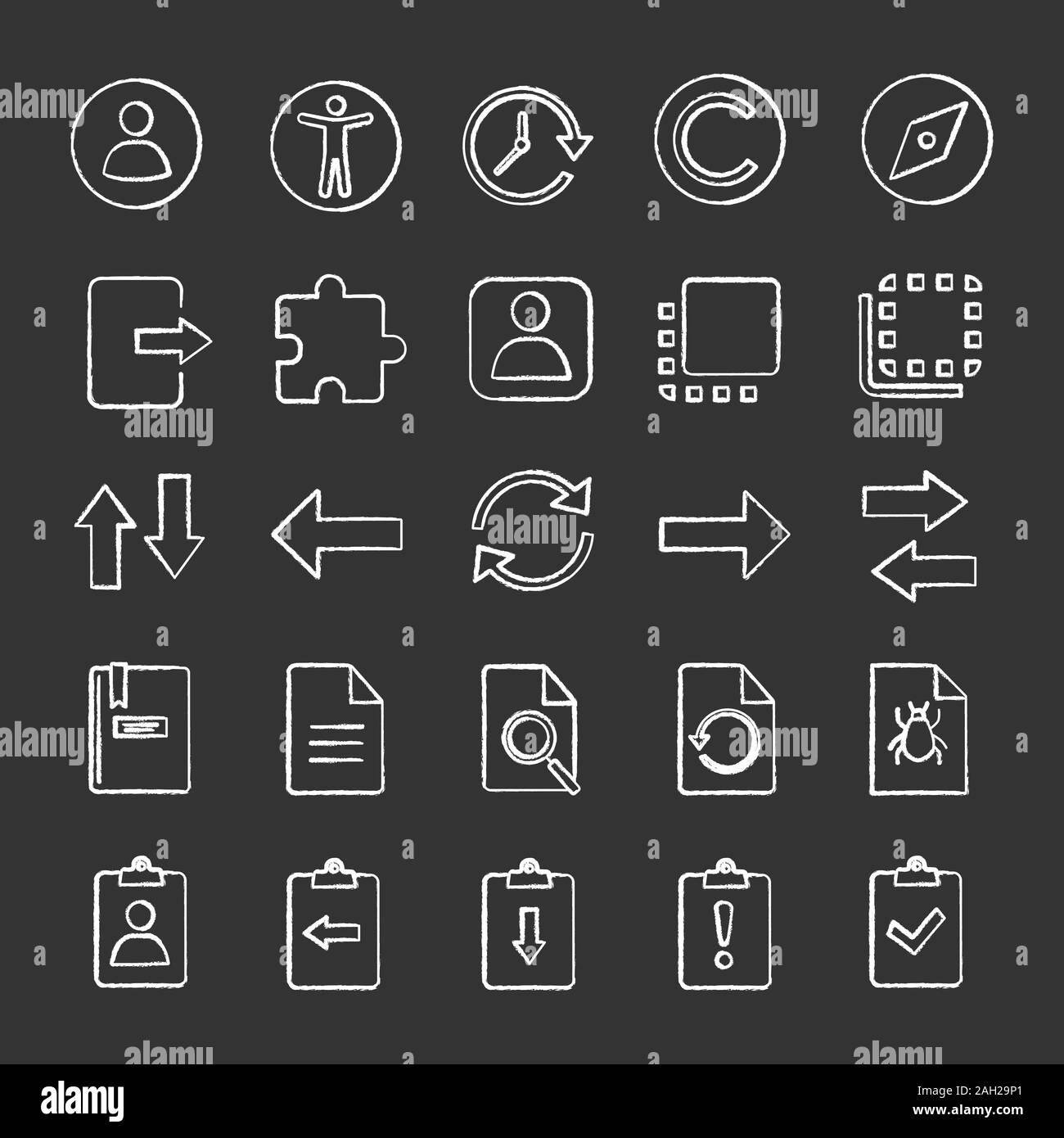 UI/UX chalk icons set. System elements. Common actions symbols. Isolated vector chalkboard ...