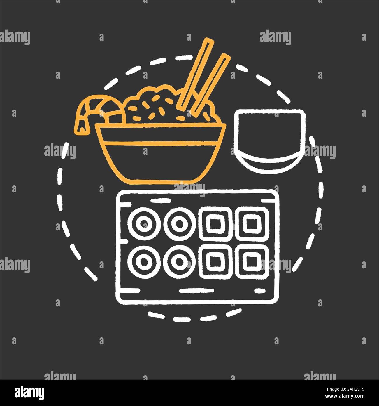 Sushi bar chalk concept icon. Japanese and Chinese cuisine. Fried rice ...
