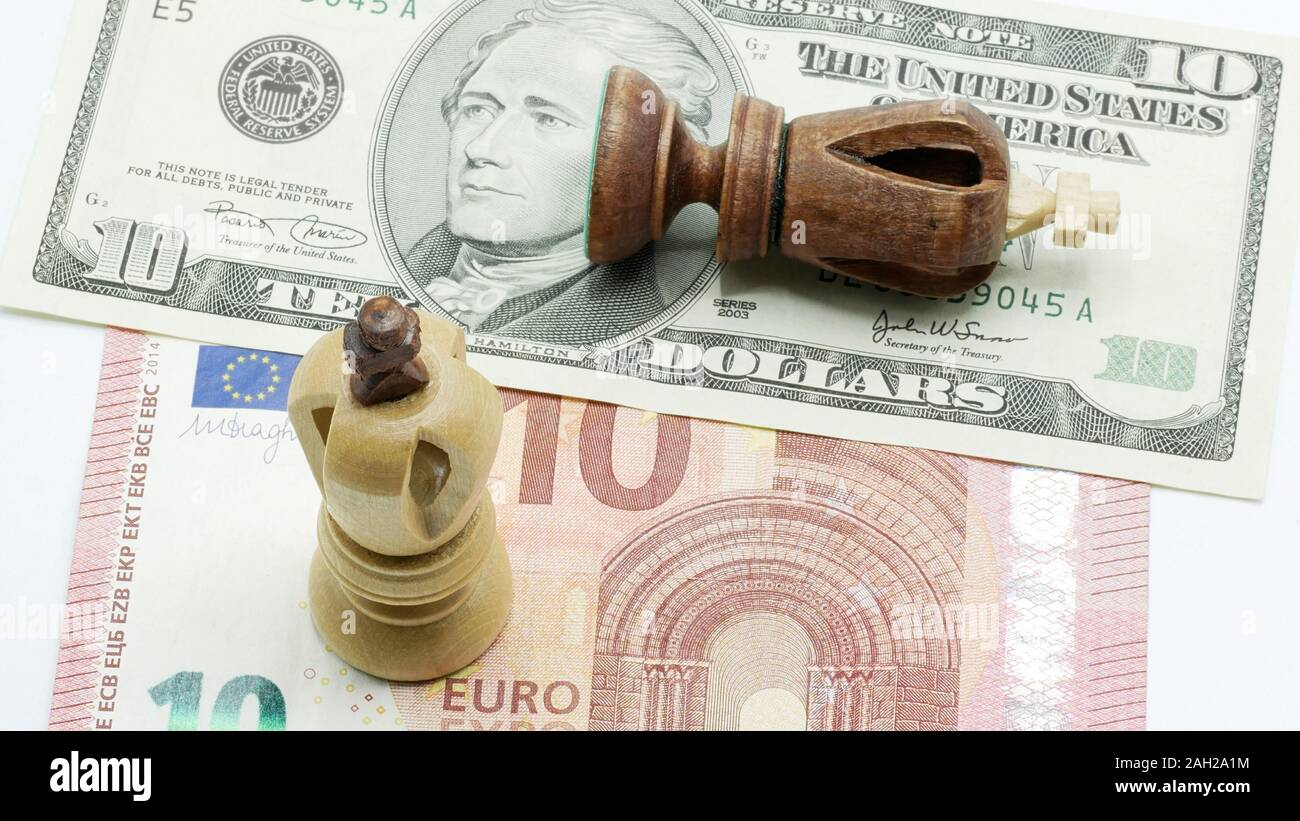 Trade Concept: King Chess Pieces On US Dollar And Euro Banknotes ...
