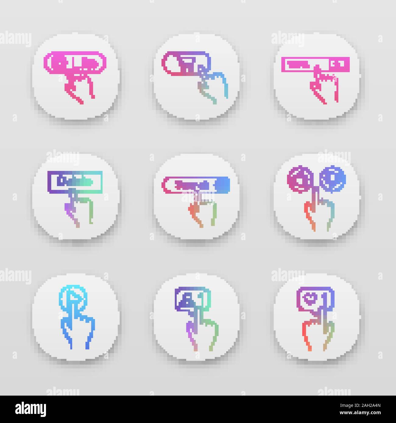 Click app icons set. Like, buy, search bar, delete, thumbs up and down, play, new follower ...