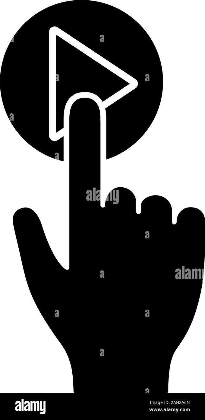 Play button click glyph icon. Start, launch. Media player. Hand pushing button. Silhouette ...