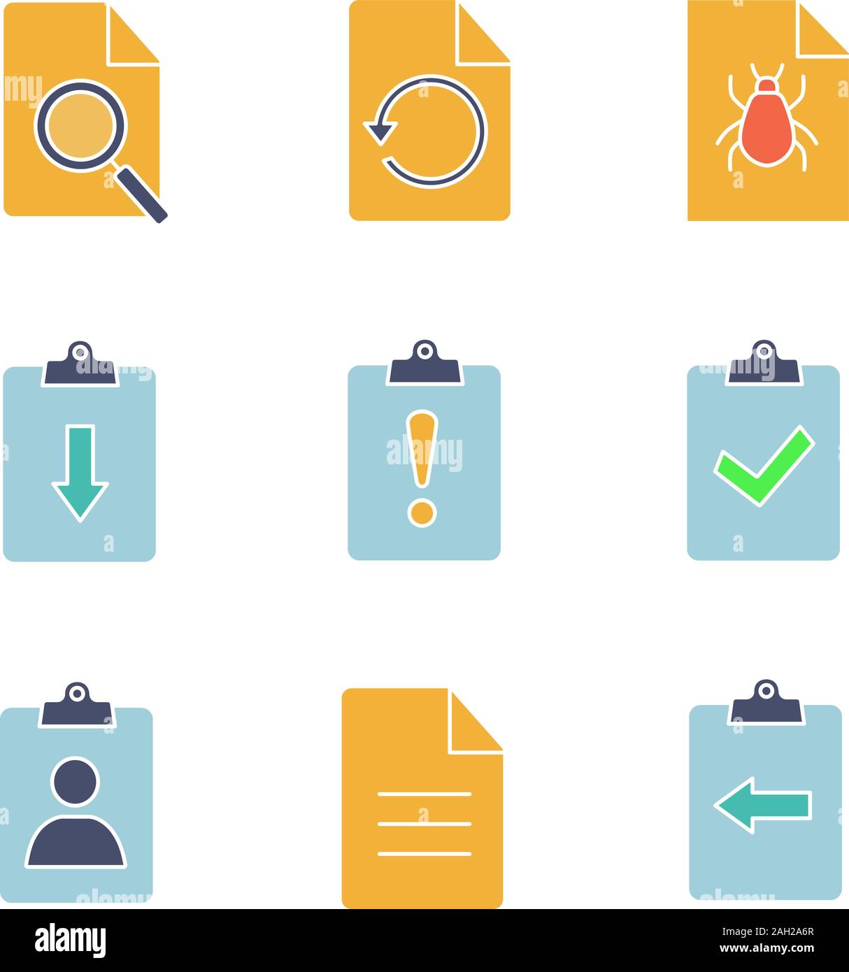 UI/UX glyph color icons set. Find in page, restore, bug report, assignment late and returned in ...