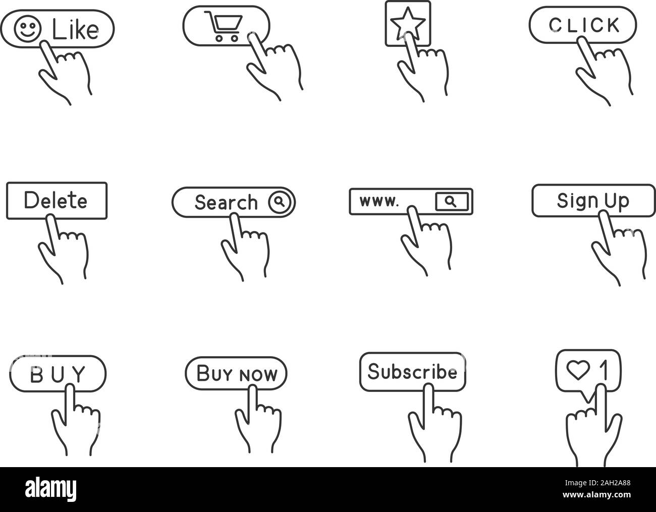 App buttons linear icons set. Click. Social media interface. Webpage navigation. Thin line ...