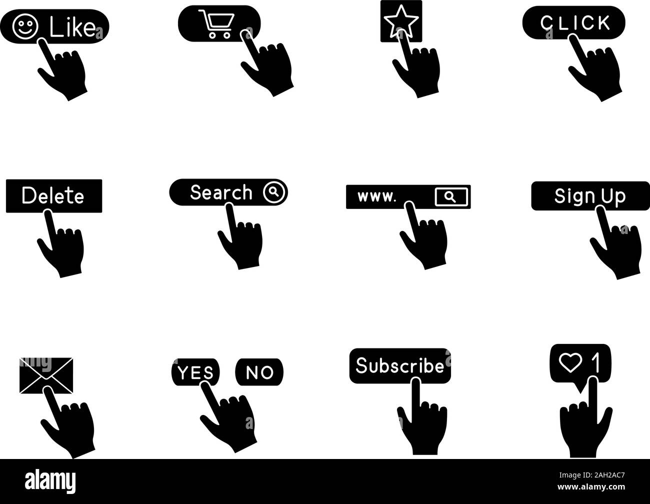 App buttons glyph icons set. Click. Social media interface. Webpage navigation. Silhouette ...