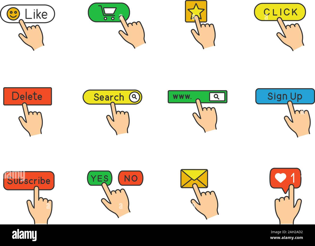 App buttons color icons set. Click. Social media interface. Webpage navigation. Isolated vector ...