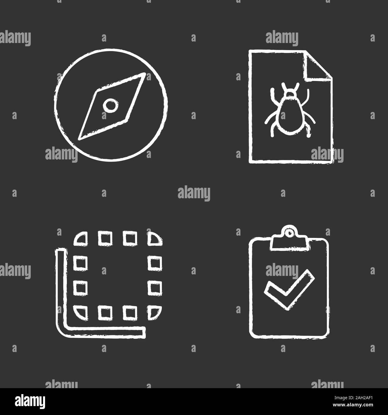 UI/UX chalk icons set. Explore tool, bug report, flip to back button ...