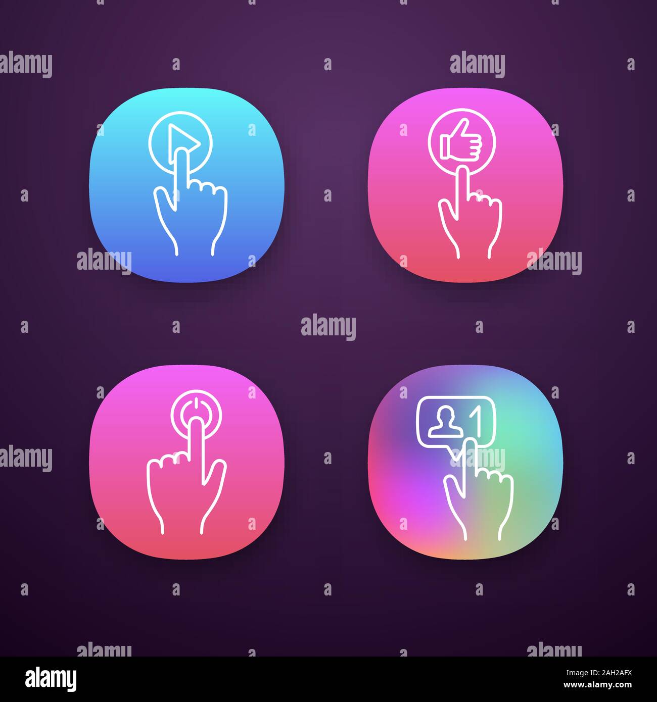Click app icons set. Play, like, power, new follower notification. UI/UX user interface. Web or ...