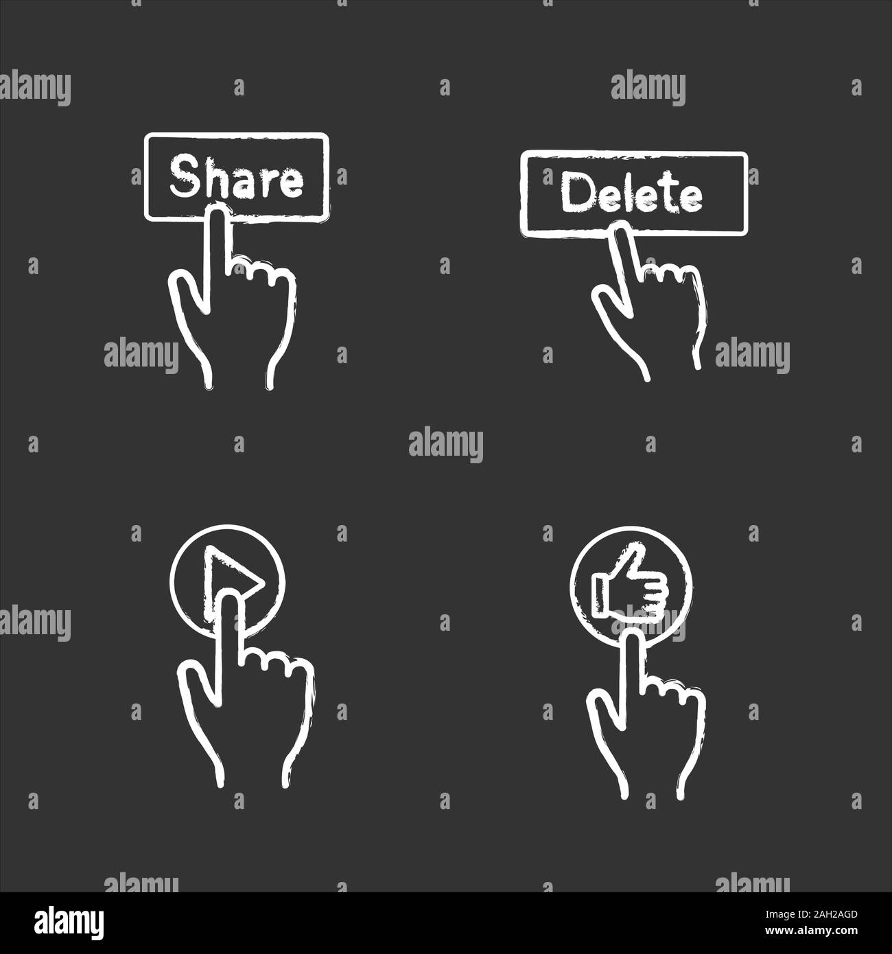App buttons chalk icons set. Click. Share, delete, play, like. Isolated vector chalkboard ...