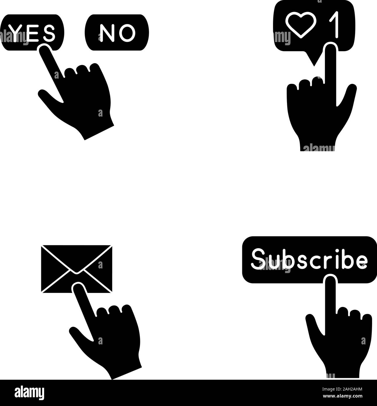 App buttons glyph icons set. Click. Likes counter, yes or no, subscribe ...