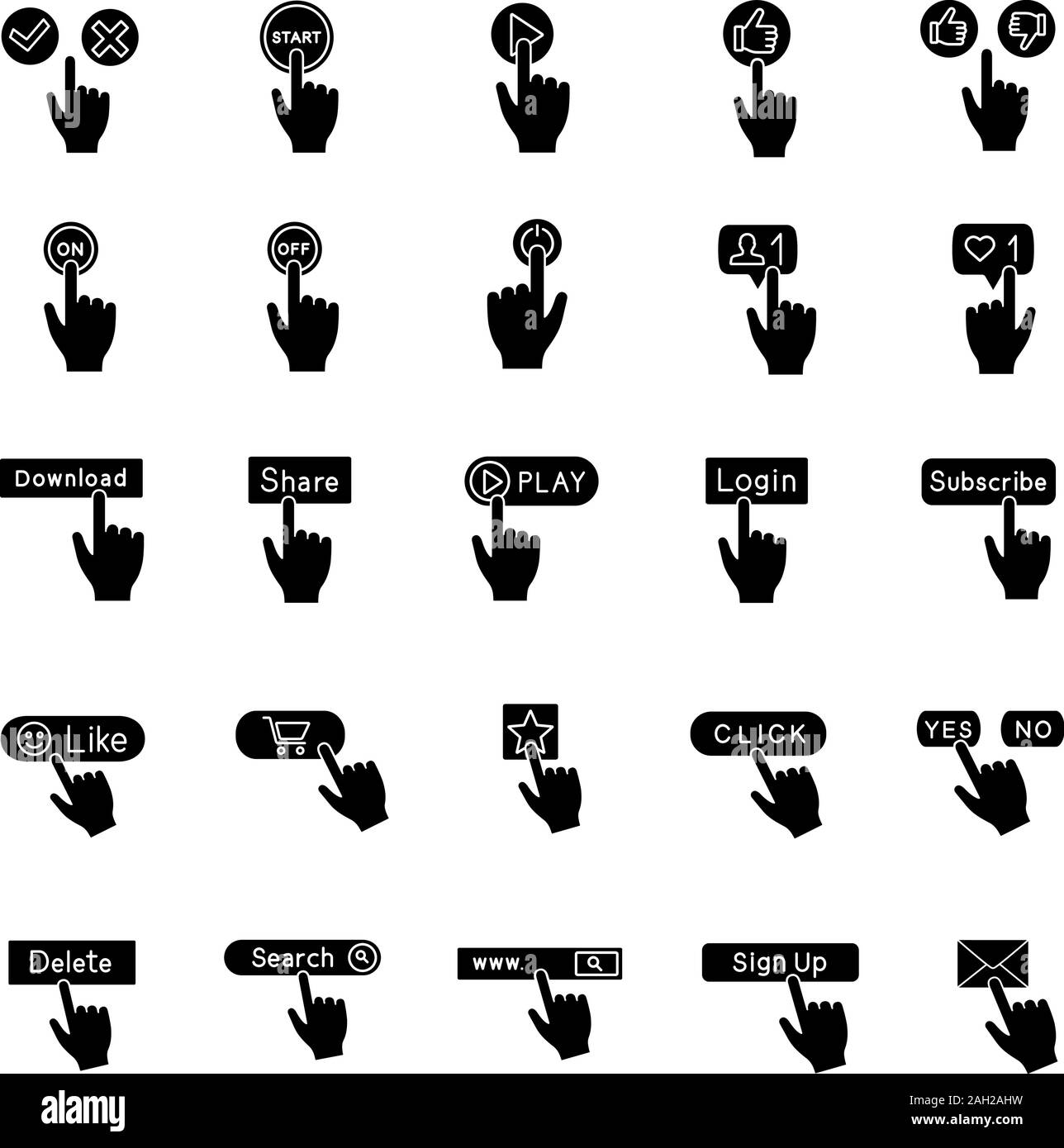 App buttons glyph icons set. Click. Social media interface. Webpage navigation. Silhouette ...