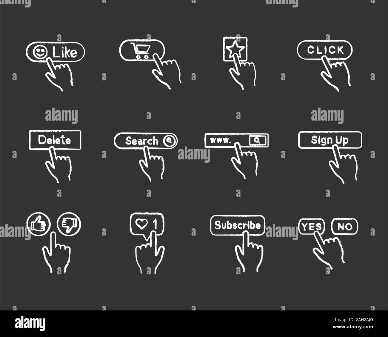 App buttons chalk icons set. Click. Social media interface. Webpage navigation. Isolated vector ...