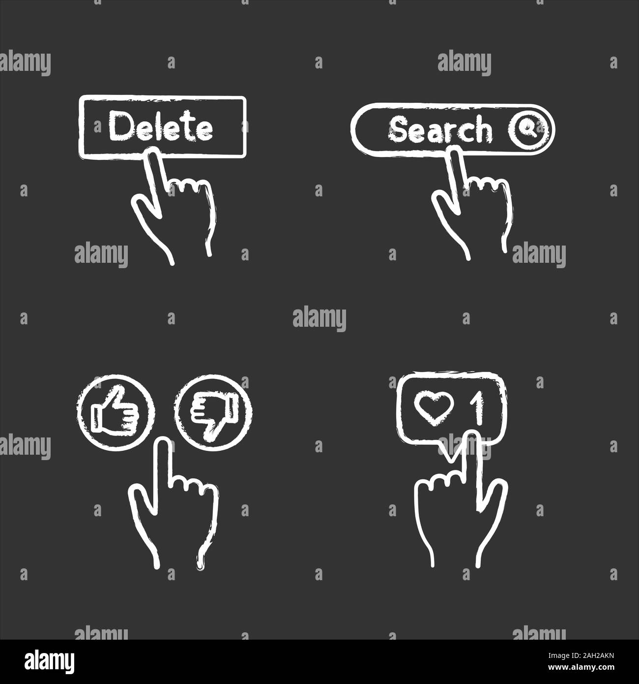 App buttons chalk icons set. Click. Delete, search, like and dislike ...
