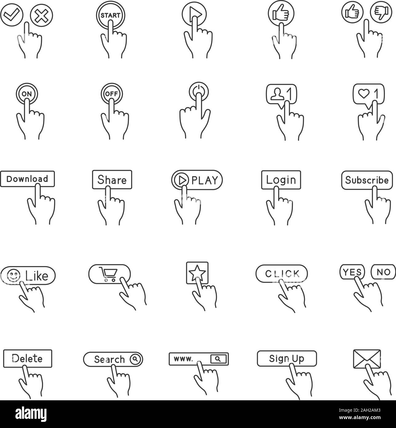 App buttons linear icons set. Click. Social media interface. Webpage navigation. Thin line ...