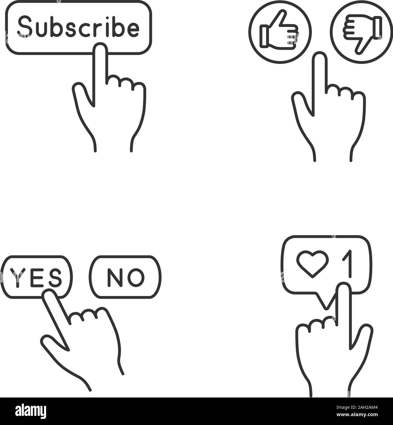 App buttons linear icons set. Click. Subscribe, thumbs up and down, yes, no, like counter. Thin ...