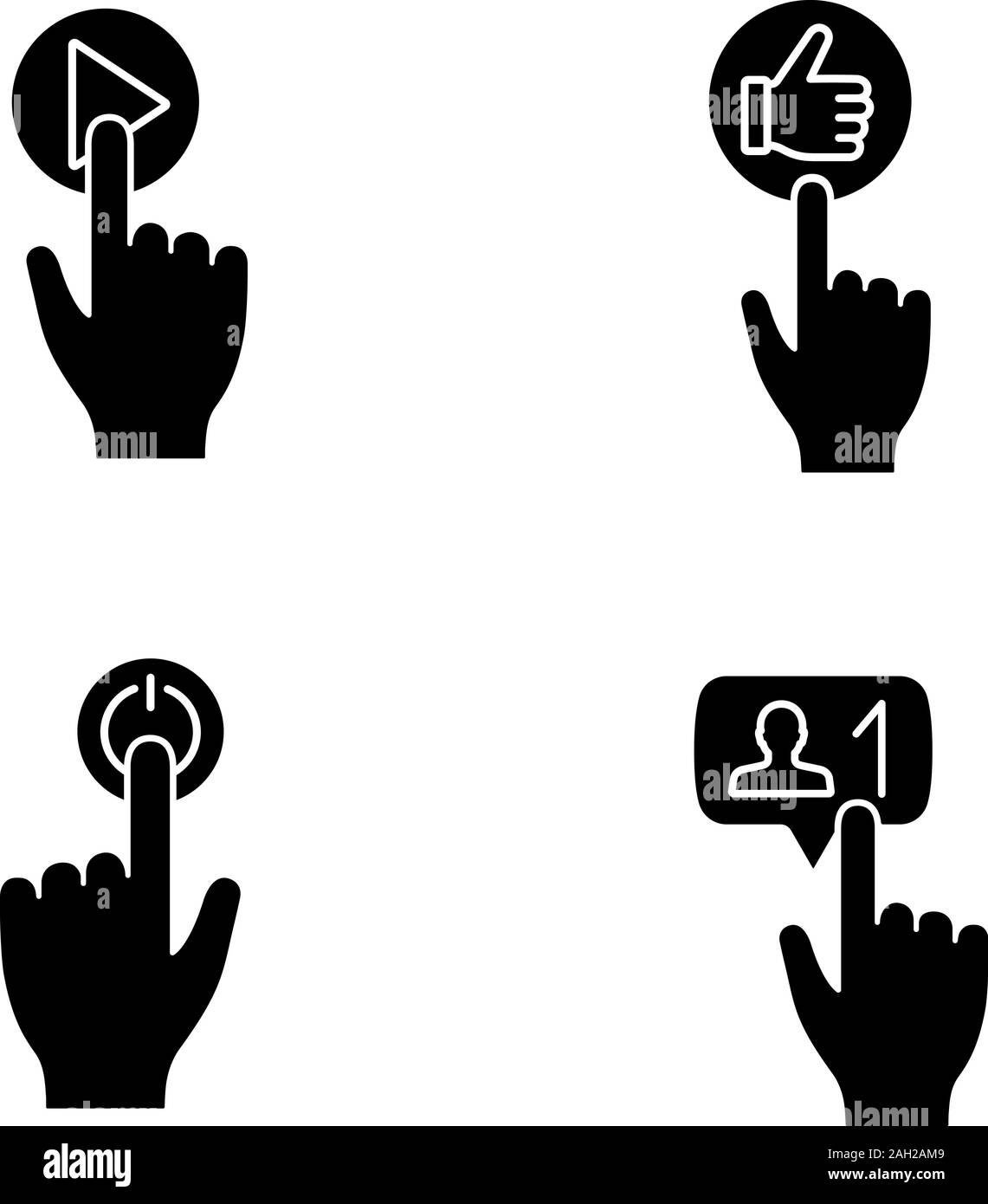 App buttons glyph icons set. Click. Play, like, power, new follower ...