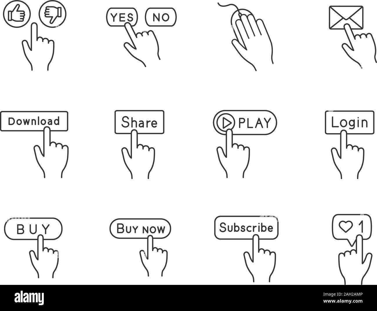 App buttons linear icons set. Click. Social media interface. Webpage navigation. Thin line ...