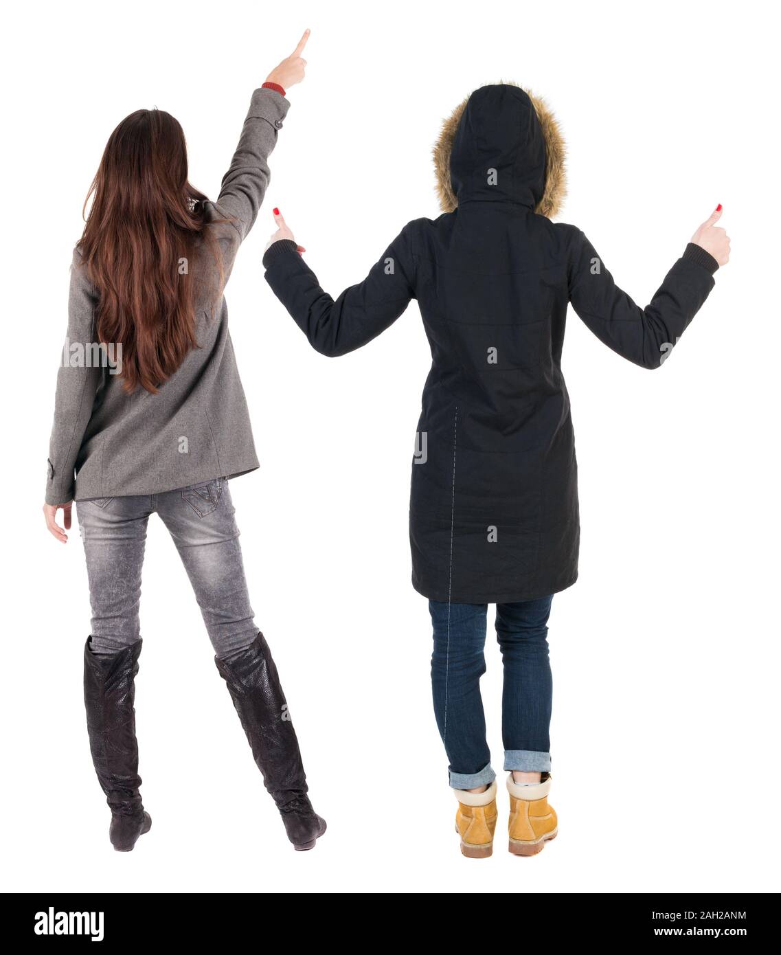 Back view of two pointing young girl in winter jacket. Rear view people ...