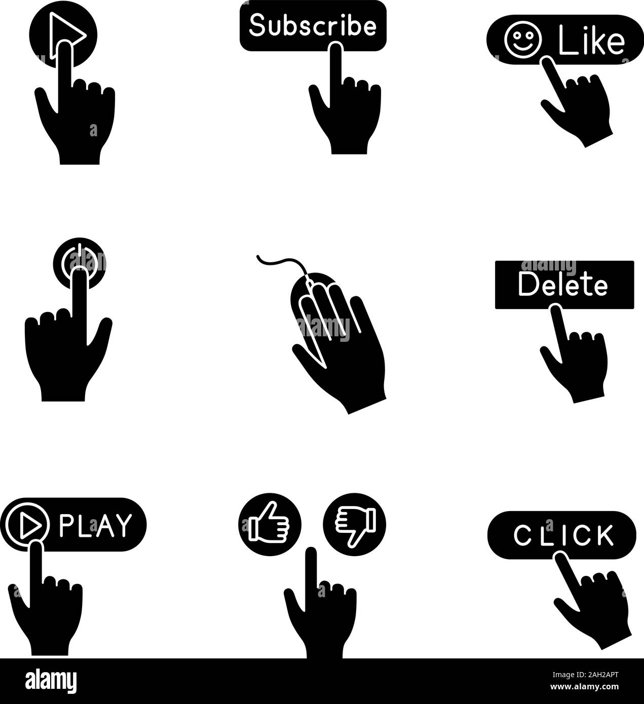 App Buttons Glyph Icons Set Click Play Subscribe Like Power Computer Mouse Delete Play