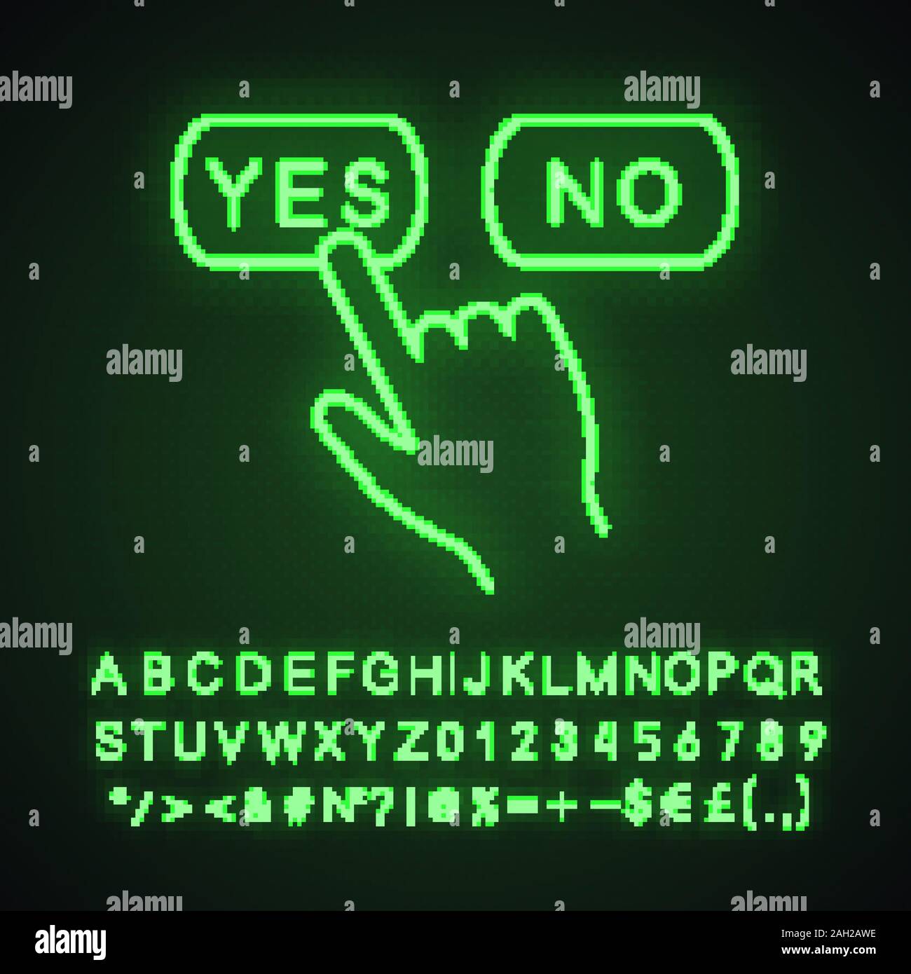 Yes or no click neon light icon. Accept and decline buttons. Hand ...