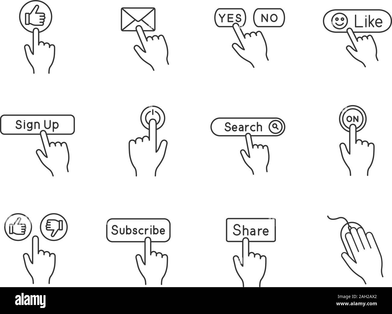 App buttons linear icons set. Click. Social media interface. Webpage ...