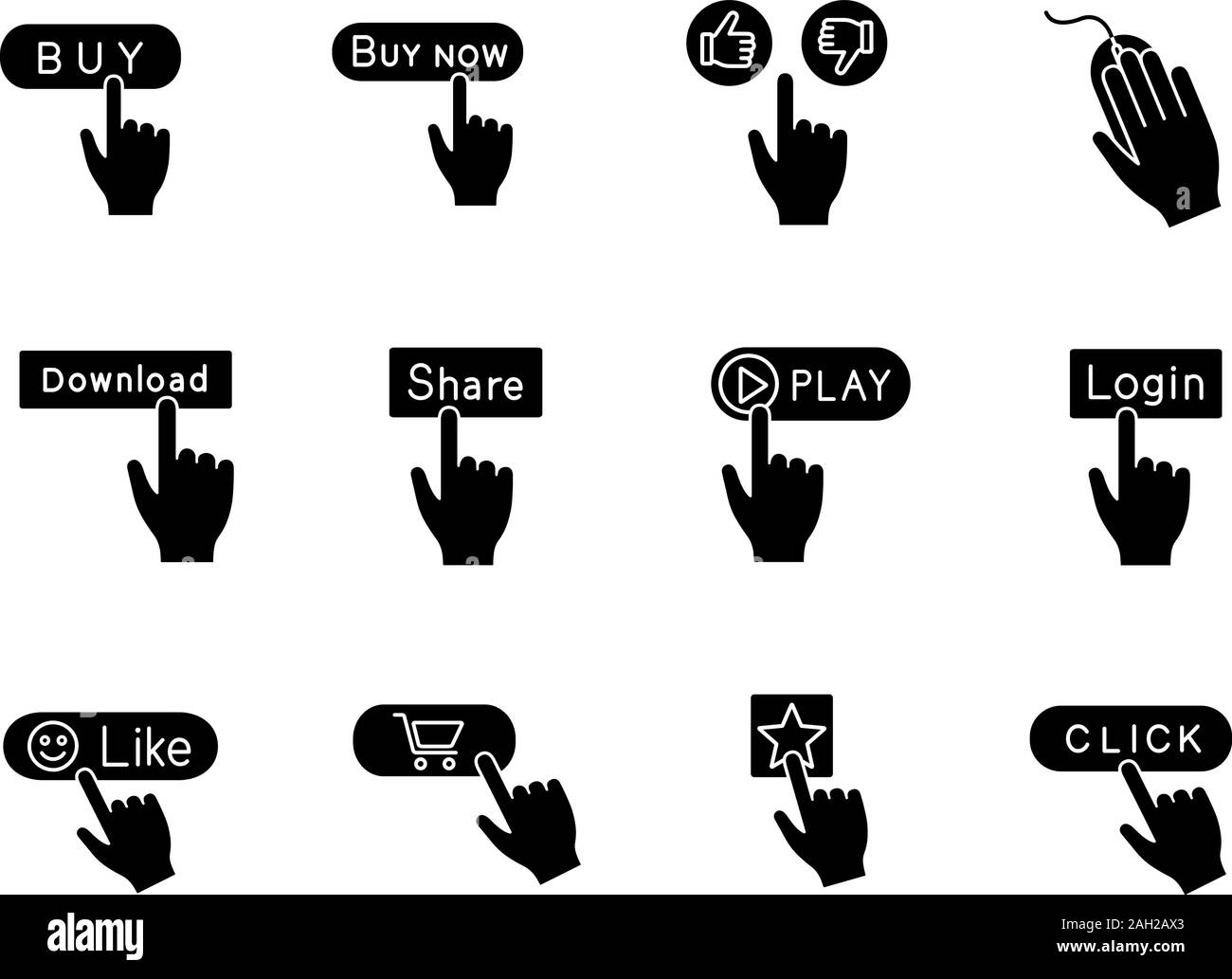 App buttons glyph icons set. Click. Social media interface. Webpage navigation. Silhouette ...