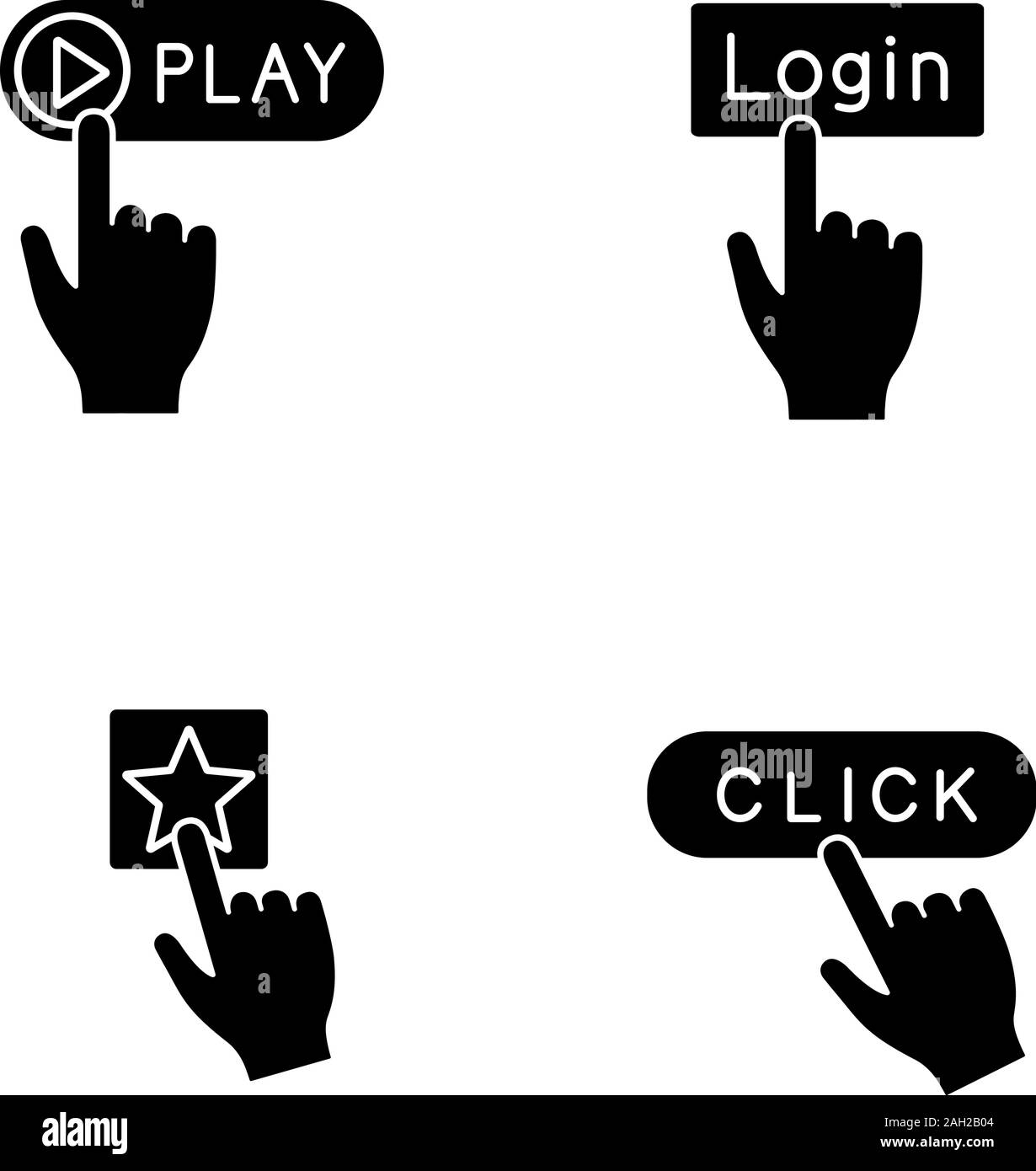 App buttons glyph icons set. Click. Play, login, add to favorite ...