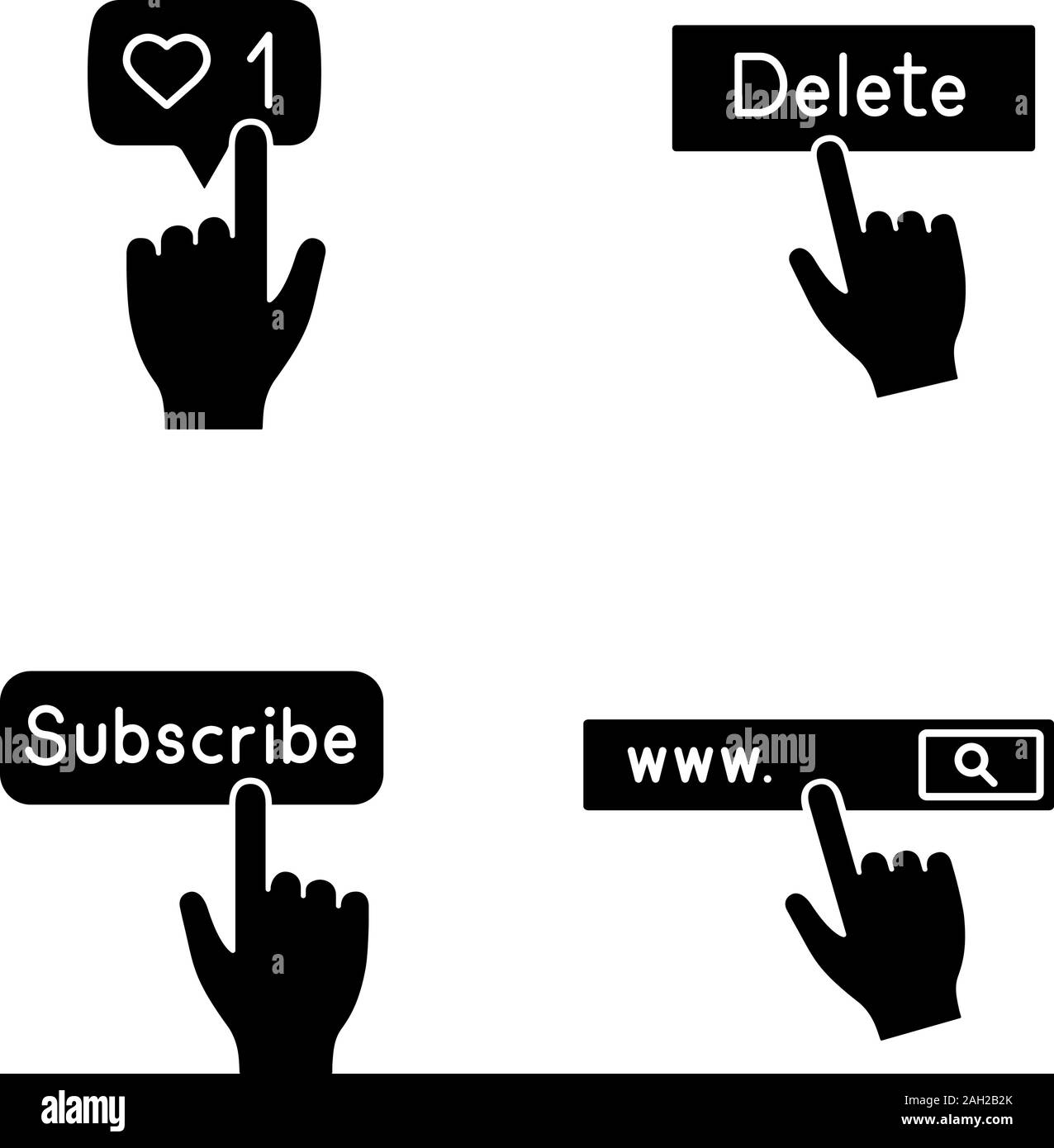 App buttons glyph icons set. Click. Likes counter, delete, subscribe ...