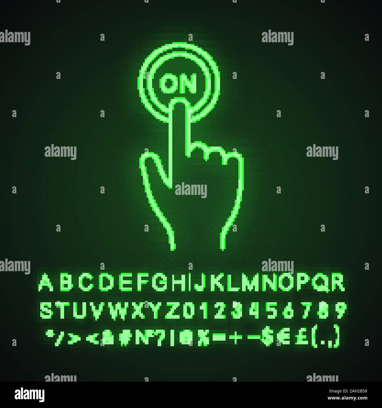 Turn on button click neon light icon. Power. Hand pressing button ...