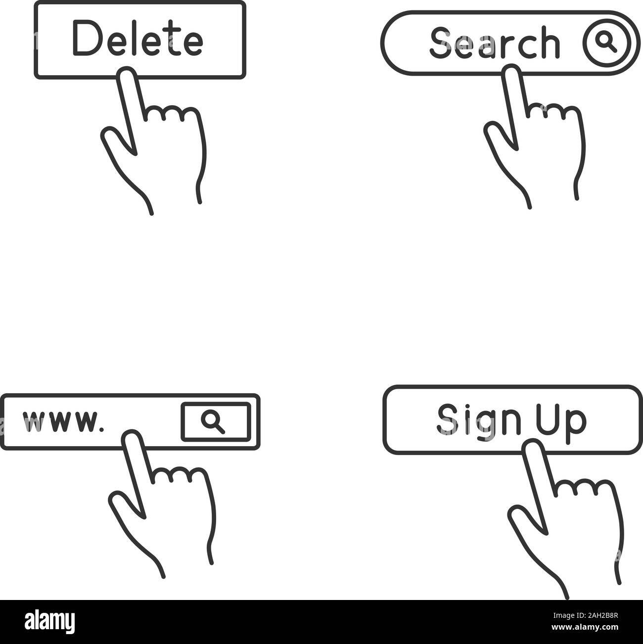 App buttons linear icons set. Click. Power, search bar, like. Thin line ...