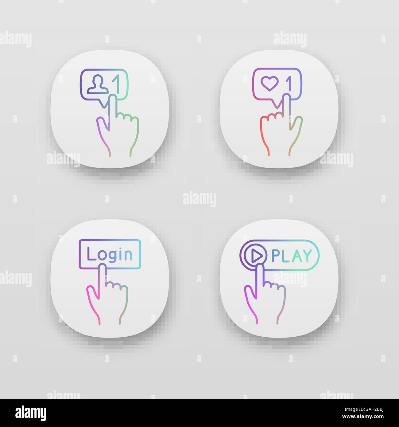 Click app icons set. New follower, likes counter, login, play. UI/UX user interface. Web or ...