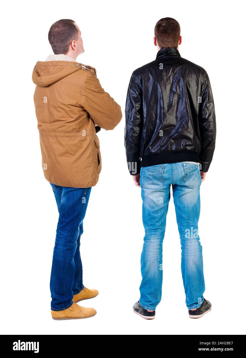 Back view of two man in winter jacket. Rear view people collection ...