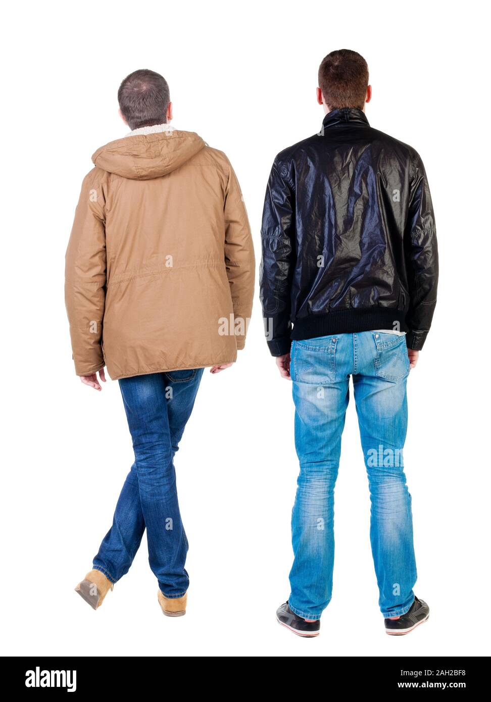 Back view of two man in winter jacket. Rear view people collection ...
