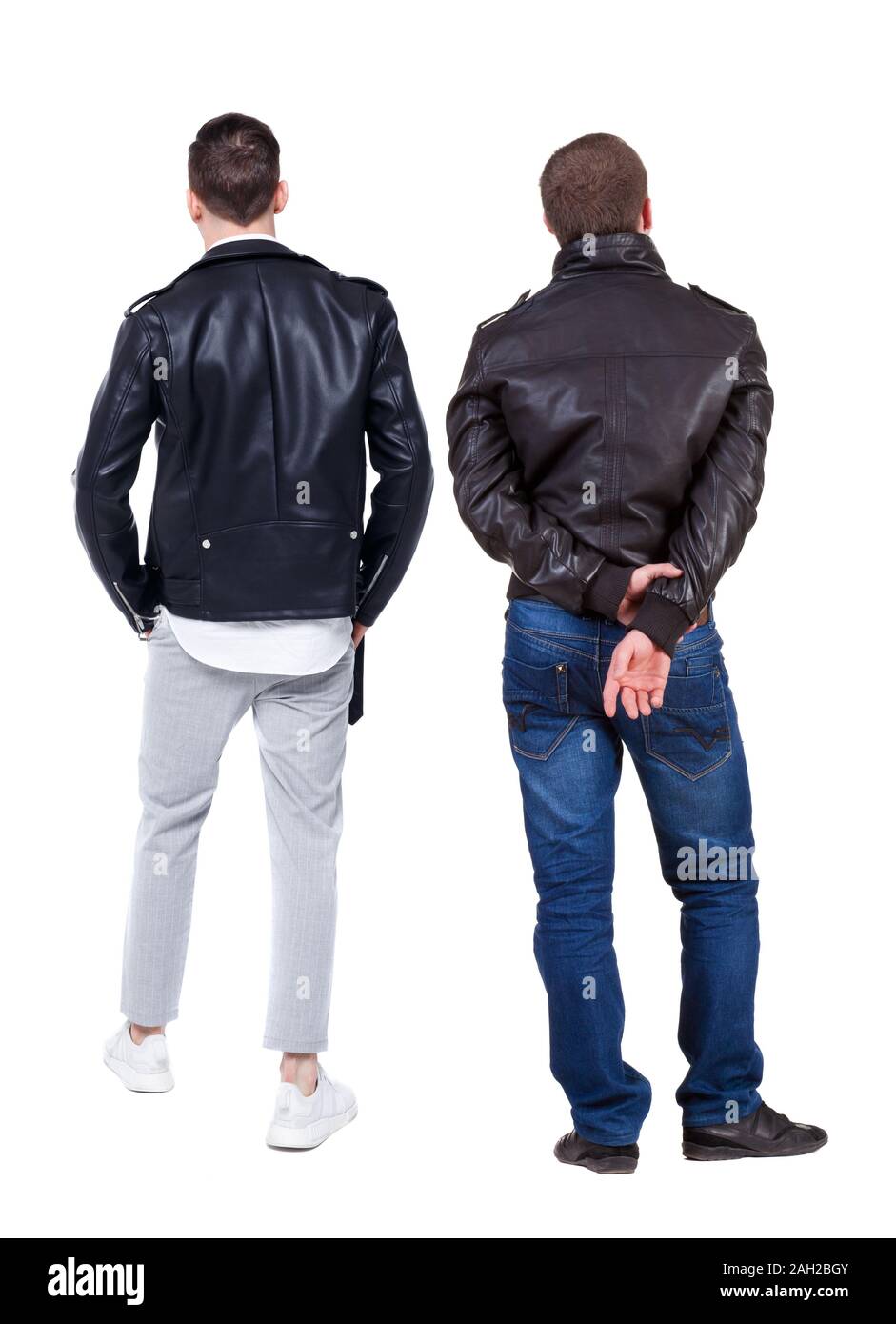 Back view of two man in winter jacket. Rear view people collection ...