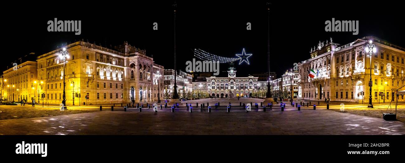 Trieste, Italy, 23 December 2019. Panoramic view of Christmas ...