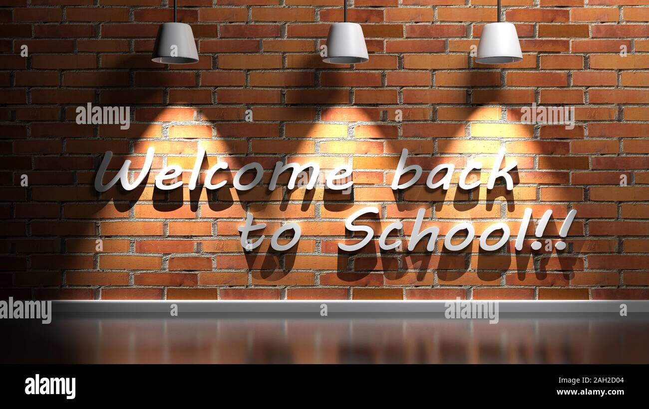 Welcome back to school at red bricks wall - 3D rendering illustration ...