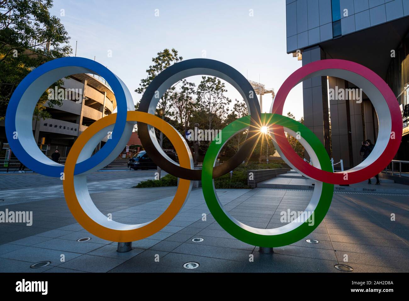 The Olympic rings is seen outside the newly completed New National ...