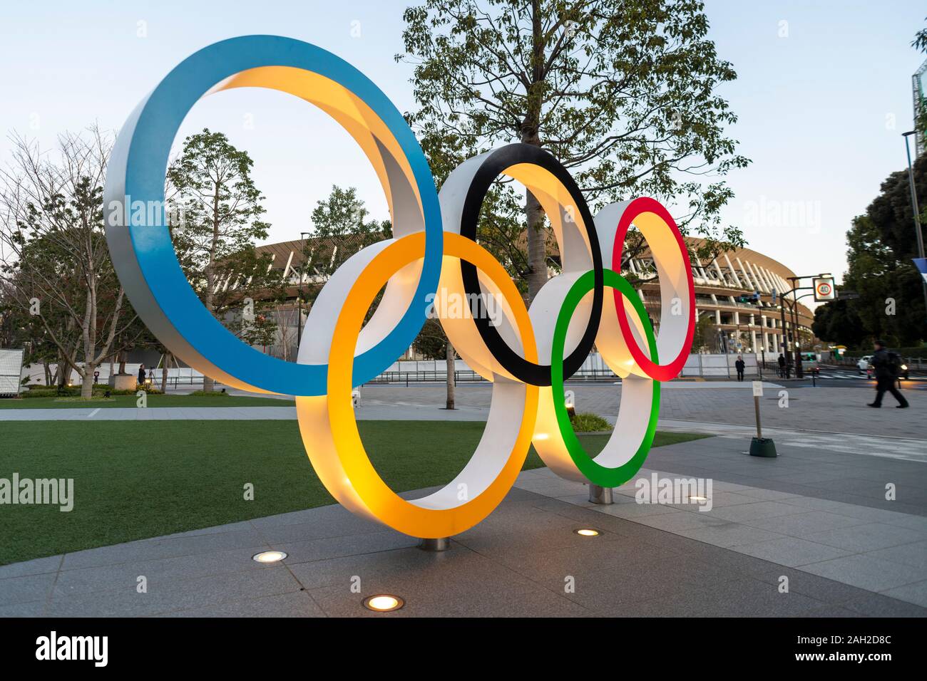 The Olympic rings is seen outside the newly completed New National ...
