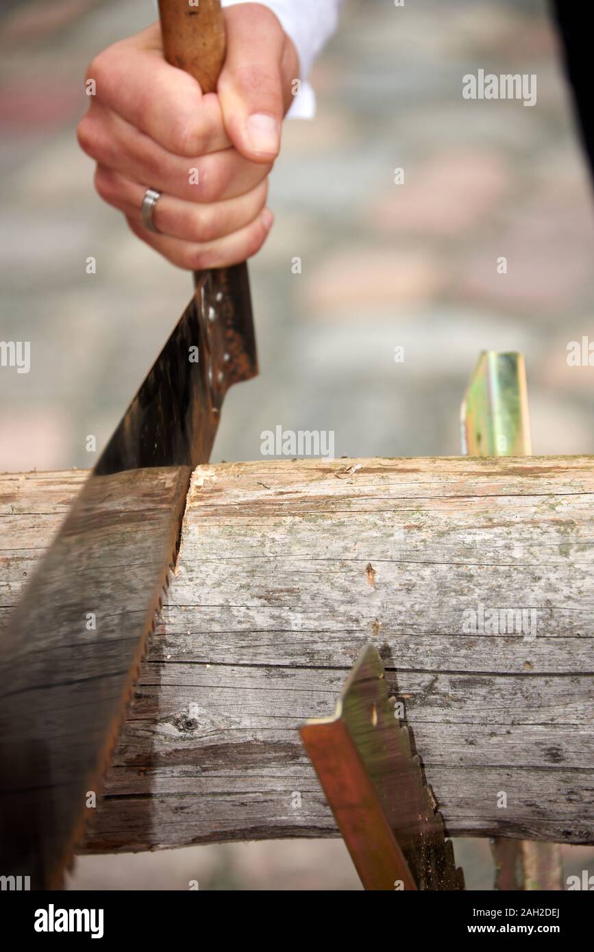 wedding game tree trunk saw Stock Photo - Alamy