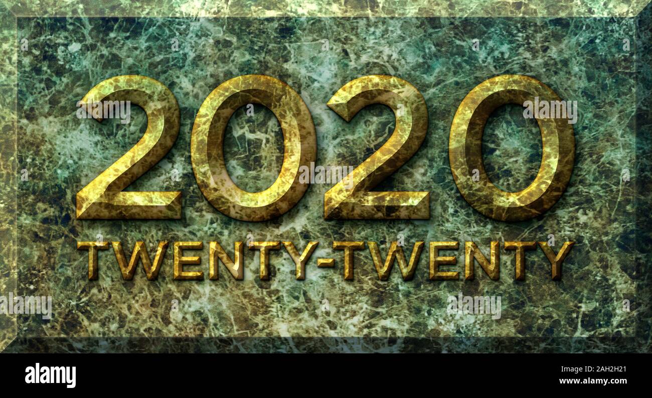 The year 2020 carved out of green and yellow marble stone.. 3D ...