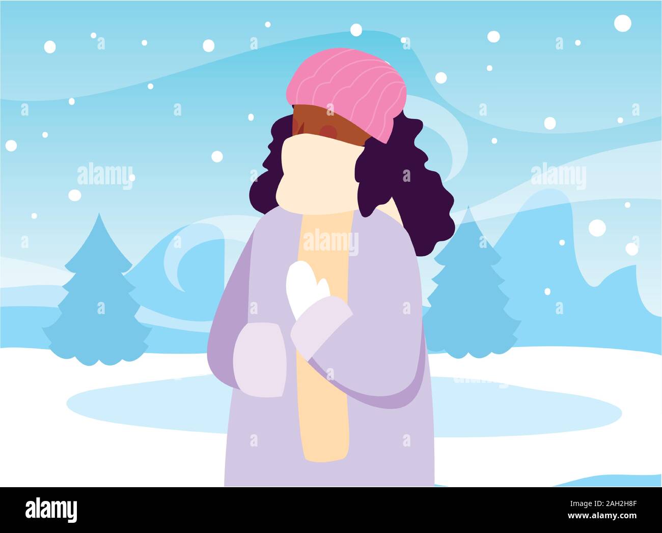 woman with winter clothes in landscape with snowfall vector ...