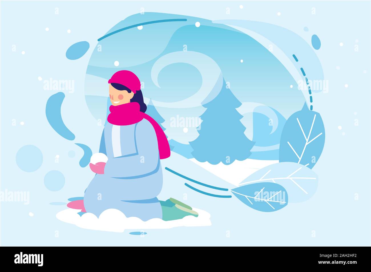 woman with winter clothes in landscape with snowfall vector ...
