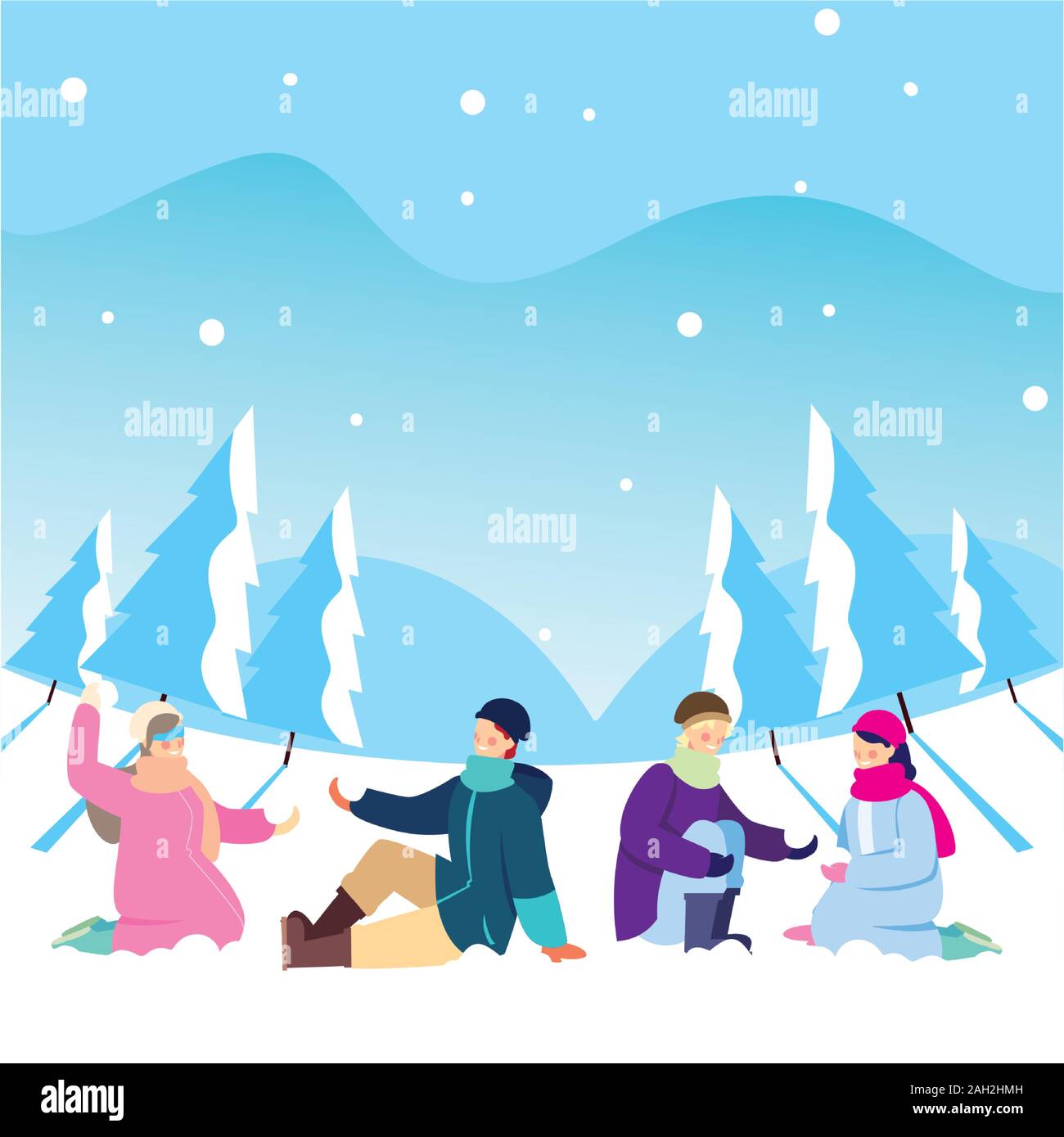 group of people with winter clothes in landscape with snowfall vector ...