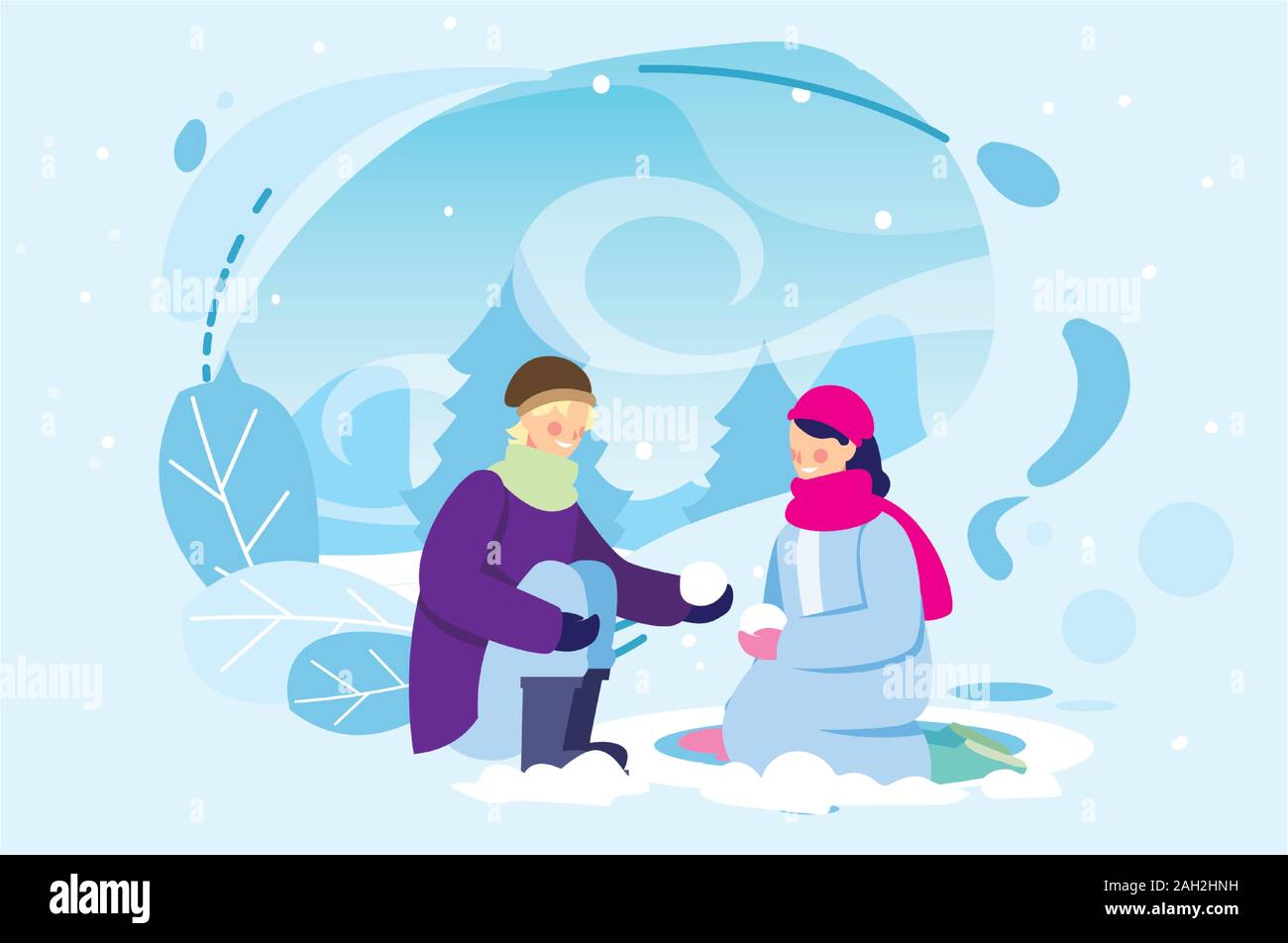 couple of people with winter clothes in landscape with snowfall vector ...