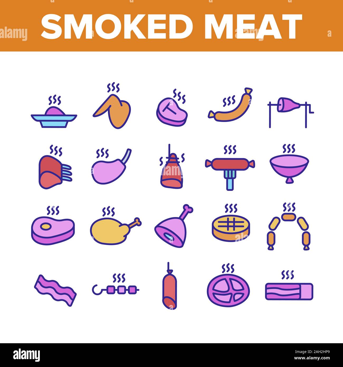 Smoked Meat Barbecue Collection Icons Set Vector Stock Vector Image ...
