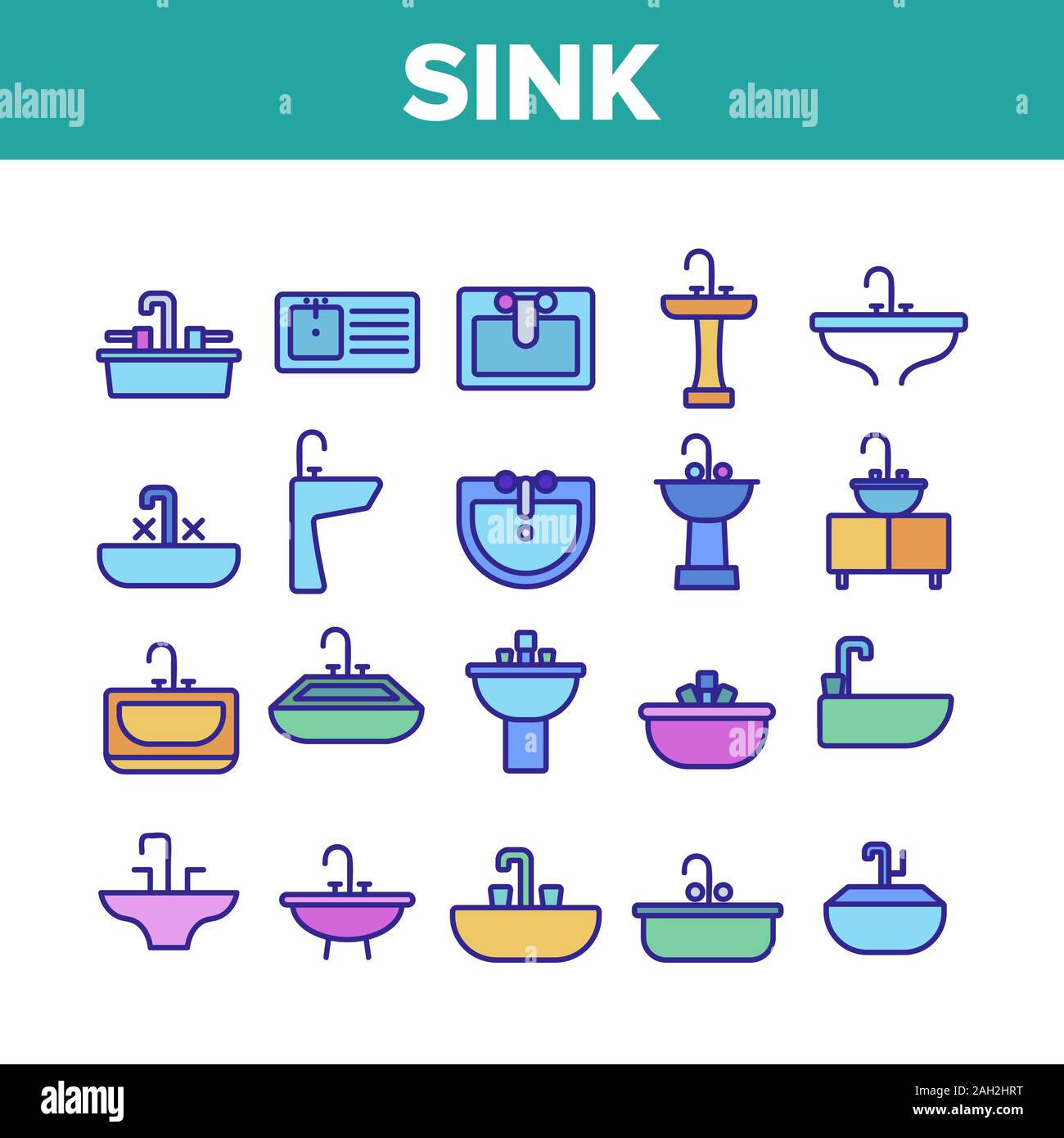 Sink Ceramic Bathroom Collection Icons Set Vector Stock Vector Image ...