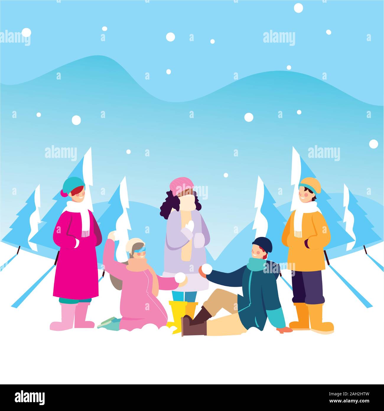 group of people with winter clothes in landscape with snowfall vector ...