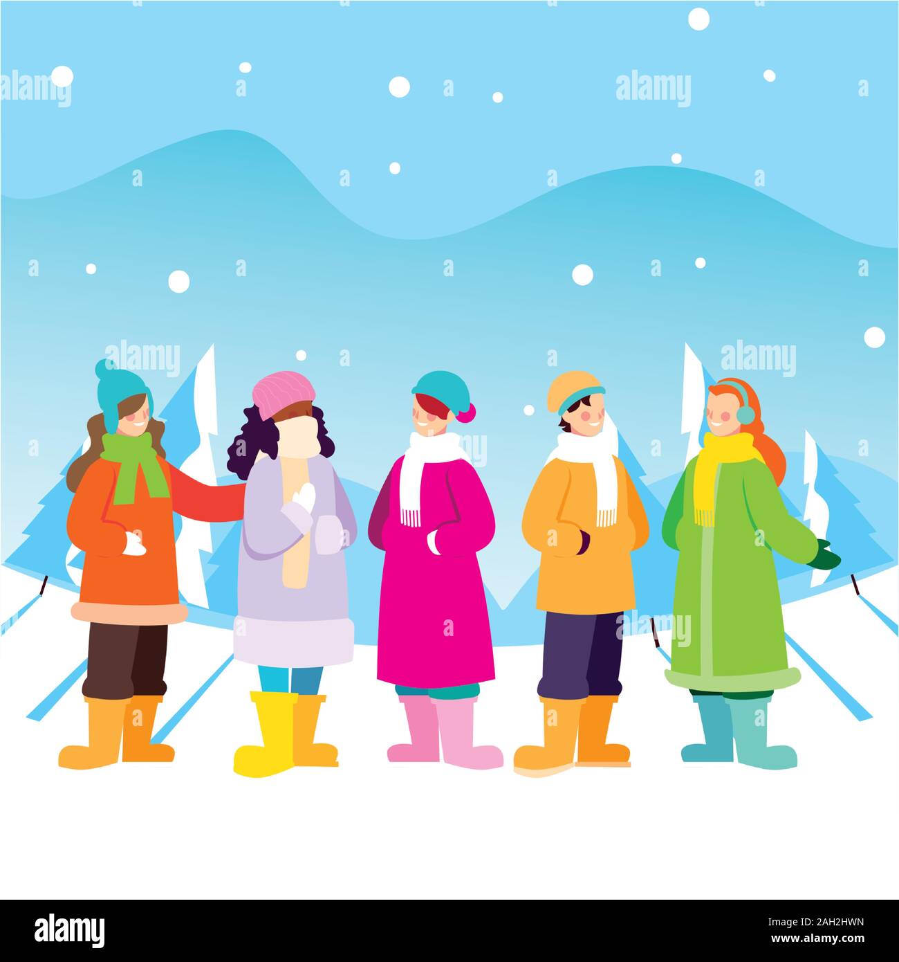 group of people with winter clothes in landscape with snowfall vector ...