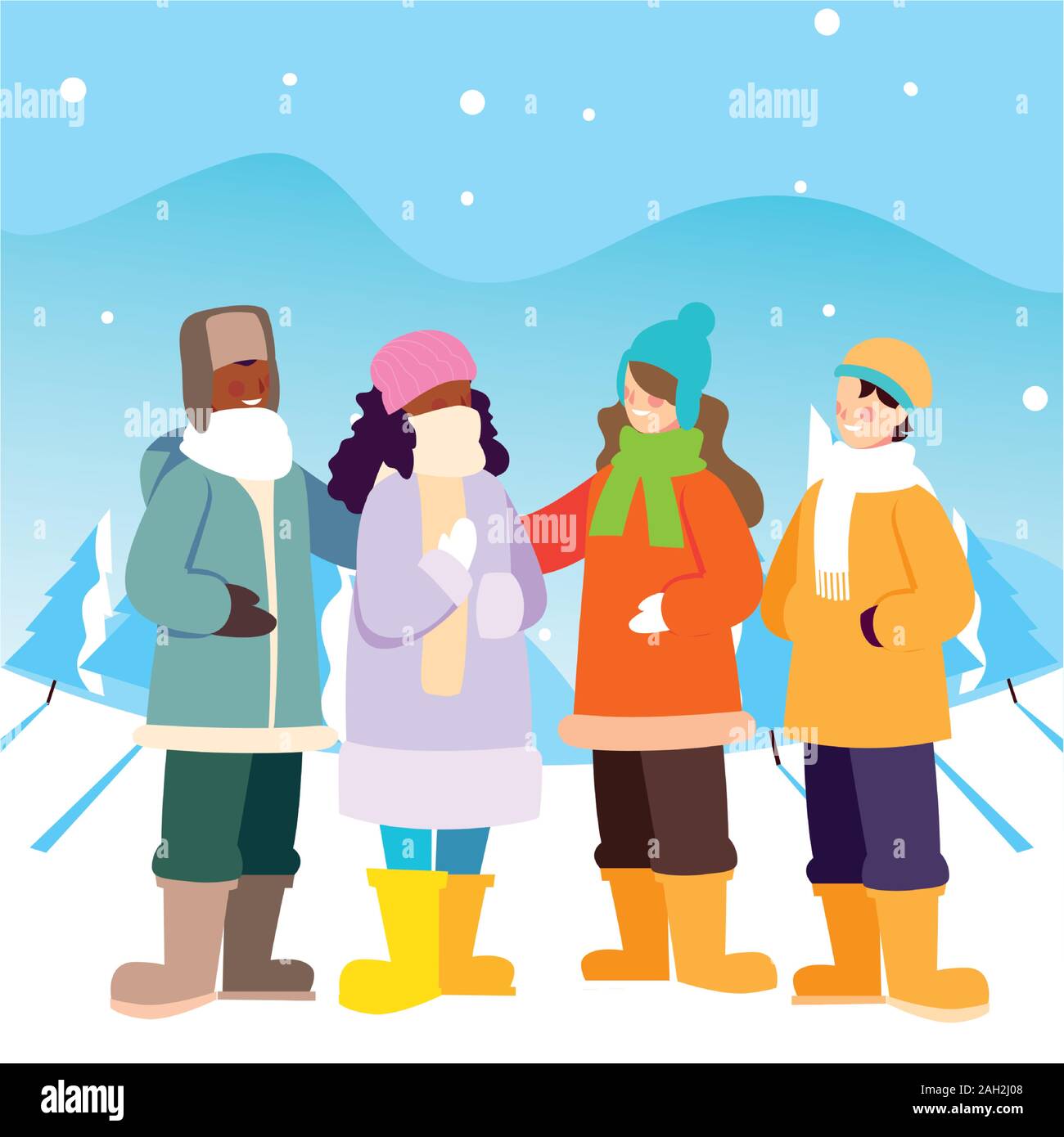 group of people with winter clothes in landscape with snowfall vector ...