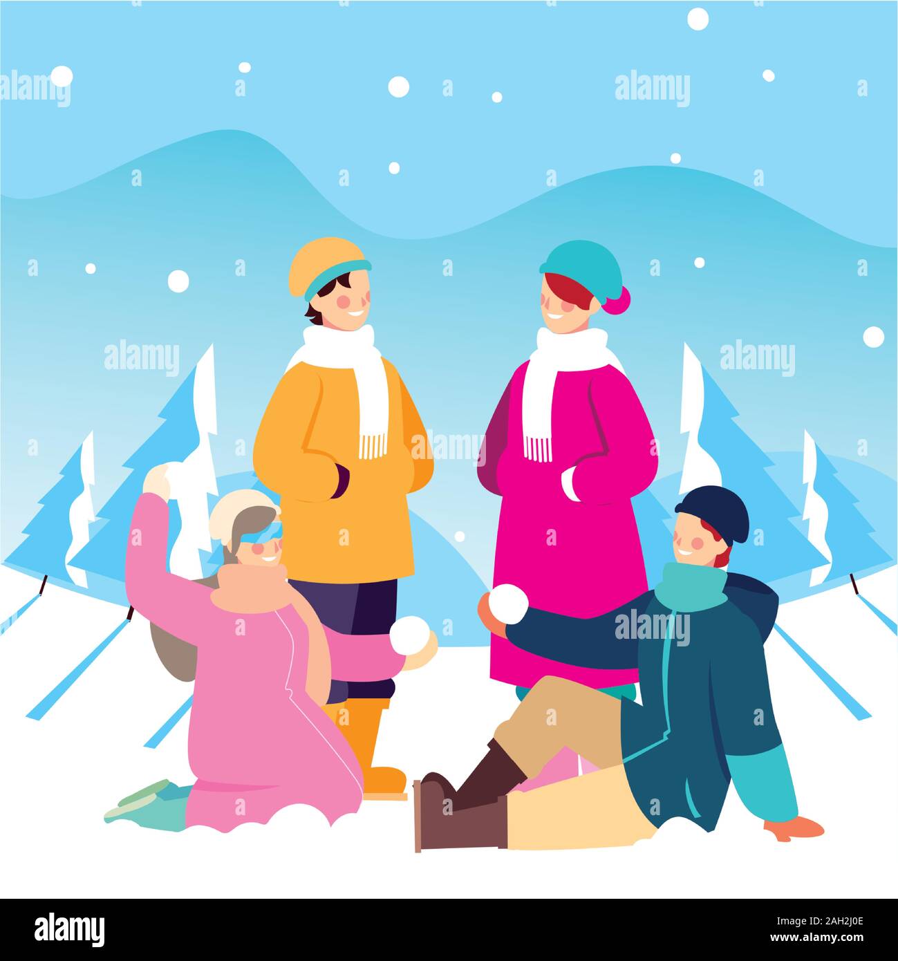 group of people with winter clothes in landscape with snowfall vector ...